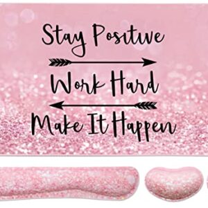 Keyboard Mouse Pad Set, Extended Mouse Pad+Keyboard Wrist Rest Support, Memory Foam Ergonomic Easy Typing, 3Pcs (35.4×15.7 in) Desk Pad Set for Home Office Study Game - Pink Stay Positive