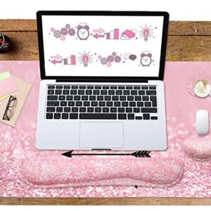 Keyboard Mouse Pad Set, Extended Mouse Pad+Keyboard Wrist Rest Support, Memory Foam Ergonomic Easy Typing, 3Pcs (35.4×15.7 in) Desk Pad Set for Home Office Study Game - Pink Stay Positive