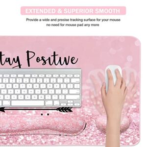 Keyboard Mouse Pad Set, Extended Mouse Pad+Keyboard Wrist Rest Support, Memory Foam Ergonomic Easy Typing, 3Pcs (35.4×15.7 in) Desk Pad Set for Home Office Study Game - Pink Stay Positive