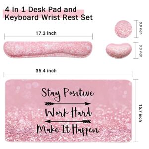 Keyboard Mouse Pad Set, Extended Mouse Pad+Keyboard Wrist Rest Support, Memory Foam Ergonomic Easy Typing, 3Pcs (35.4×15.7 in) Desk Pad Set for Home Office Study Game - Pink Stay Positive