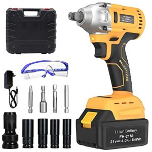 aokia cordless impact wrench, 21v impact driver kit with 4.0ah li-ion battery, 1/2" impact gun max torque 260 ft-lbs (300n.m), 4 drive impact sockets and tool box