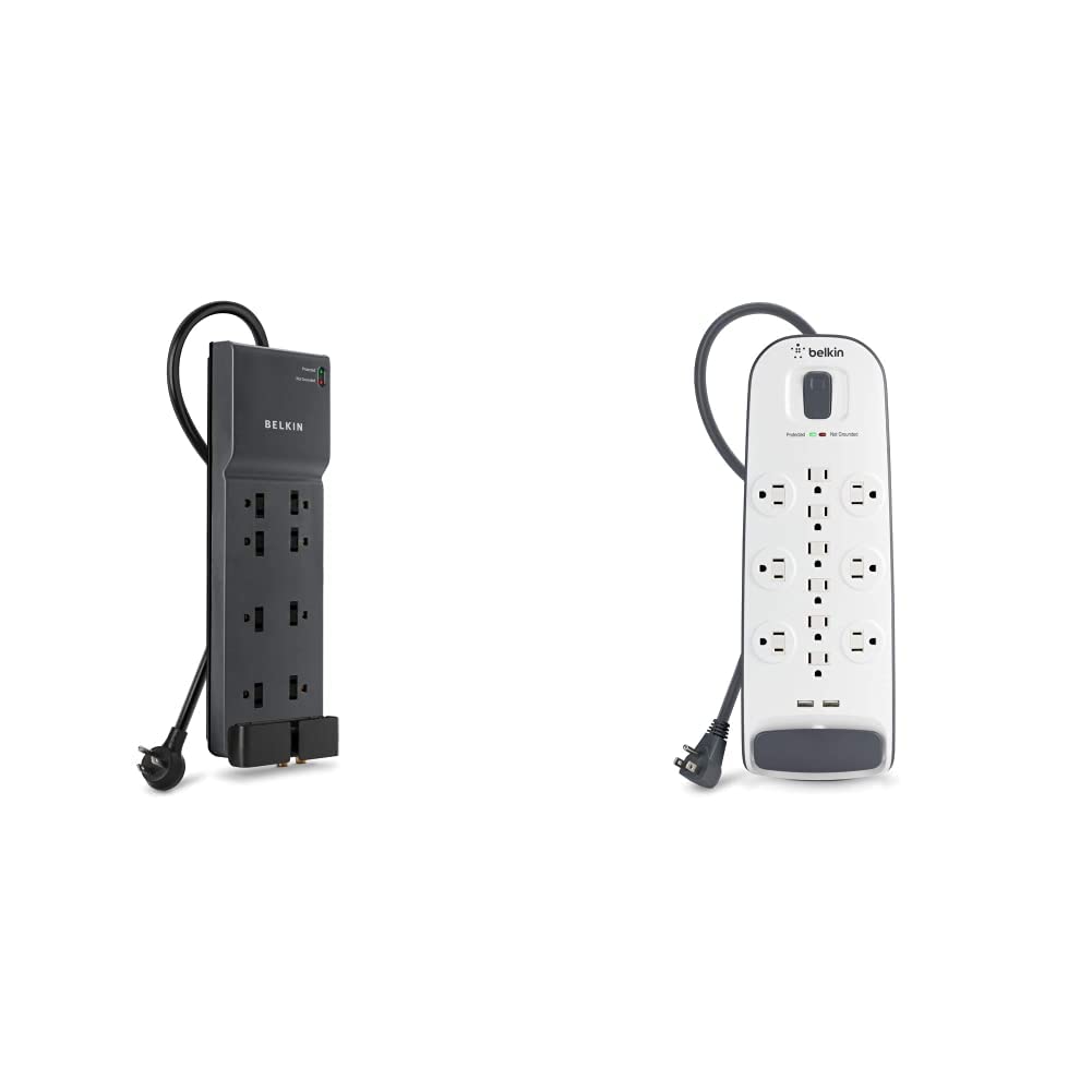 Belkin 8-Outlet Home and Office Surge Protector, 12ft Cord, Black & USB Power Strip Surge Protector - 12 AC Multiple Outlets & 2 USB Ports - 6 ft Long Flat Plug Extension Cord White (3,996 Joules)