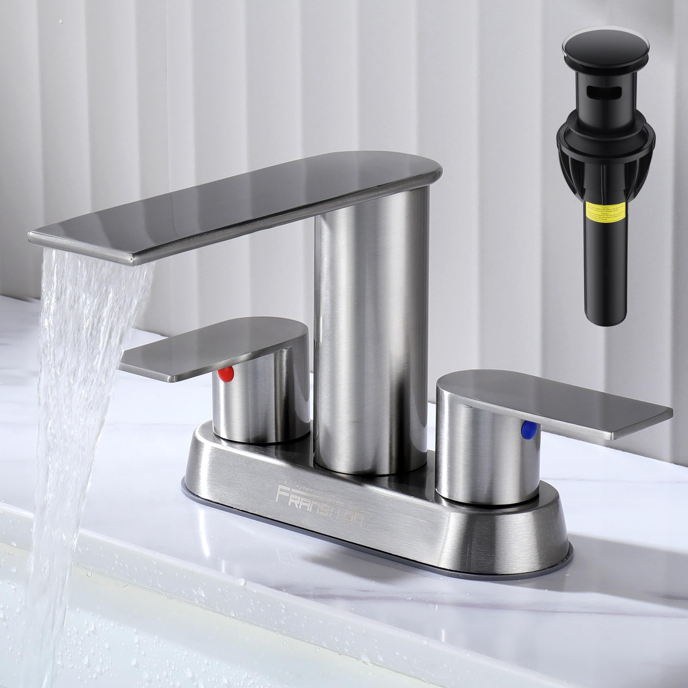 FRANSITON Waterfall Bathroom Faucet Lavatory 2 Handle 3 Hole 4 Inch Bathroom Sink Faucet Washbasin Faucet with Deck and Pop-up Drain Brushed Nickel Centerset Bathroom Faucet