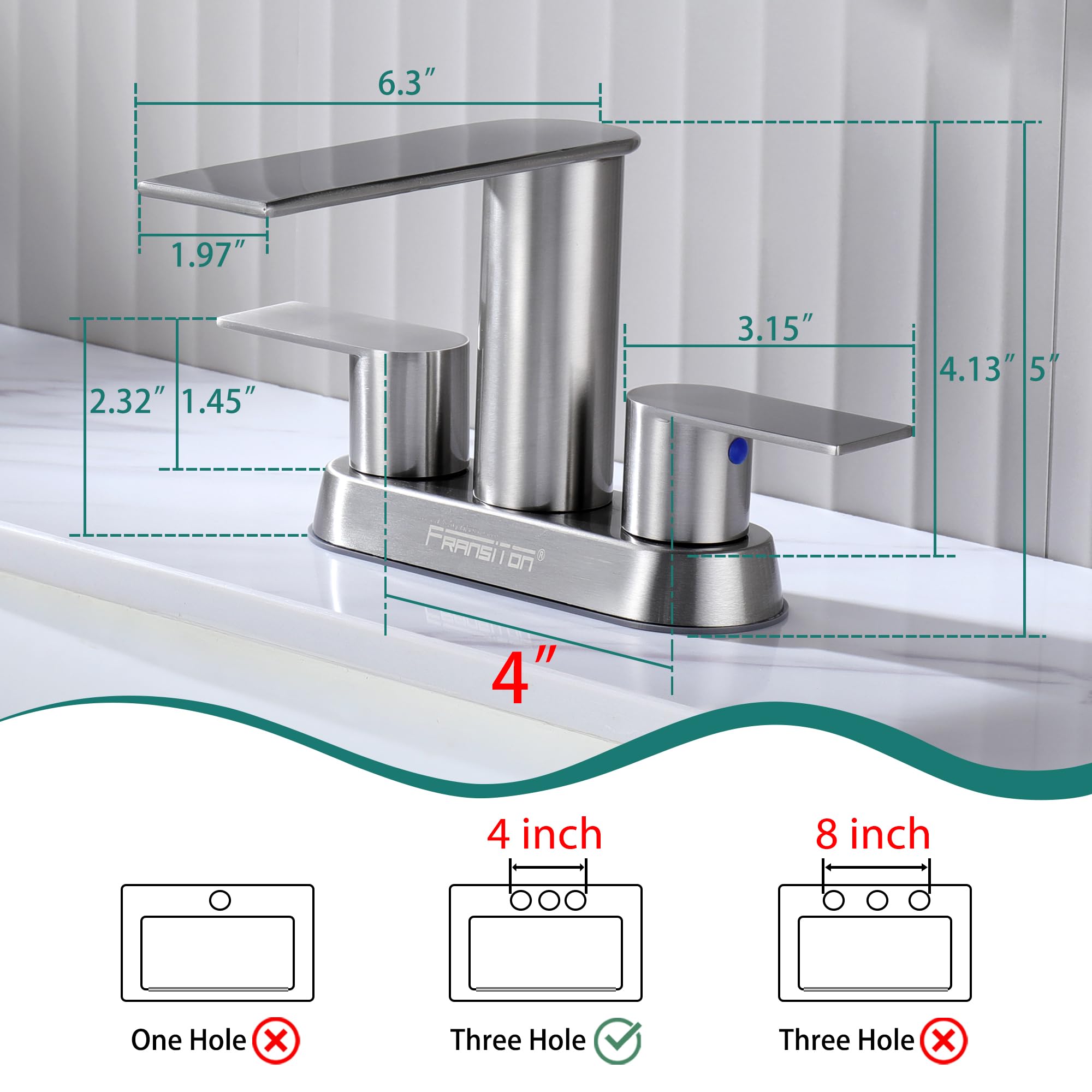 FRANSITON Waterfall Bathroom Faucet Lavatory 2 Handle 3 Hole 4 Inch Bathroom Sink Faucet Washbasin Faucet with Deck and Pop-up Drain Brushed Nickel Centerset Bathroom Faucet