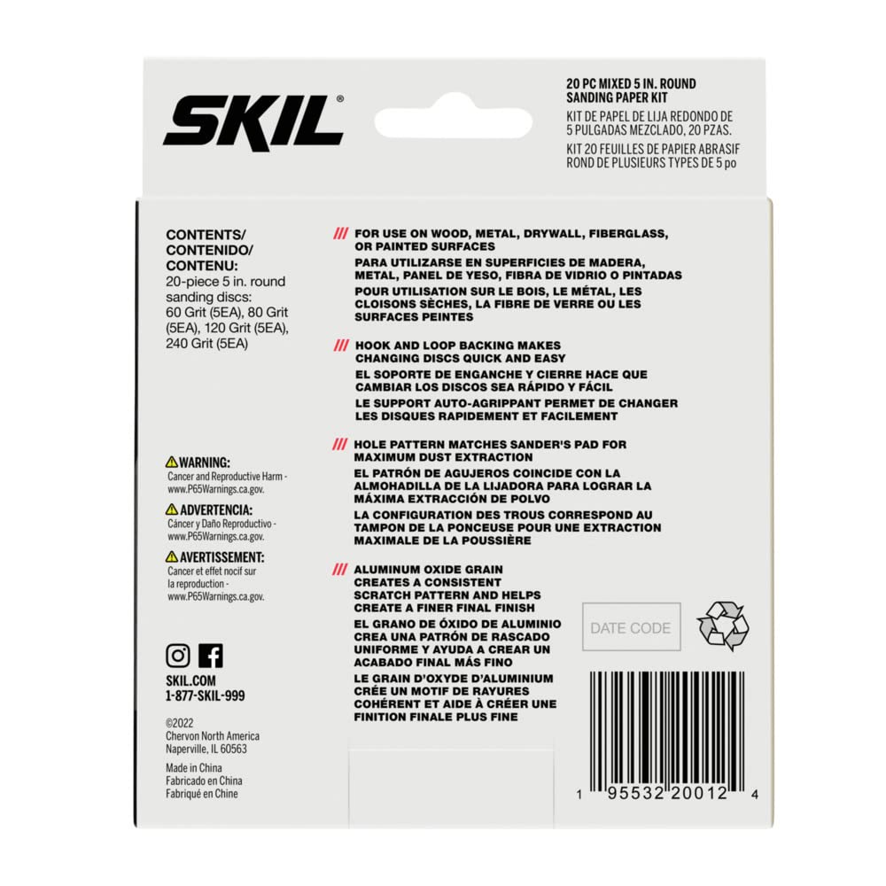 SKIL 20-Piece Mixed 5 in. 60/80/120/240 Grits Round Sanding Paper Kit for SKIL Sanders SR211601/SR6604B-10/SR660302 - CDA9003