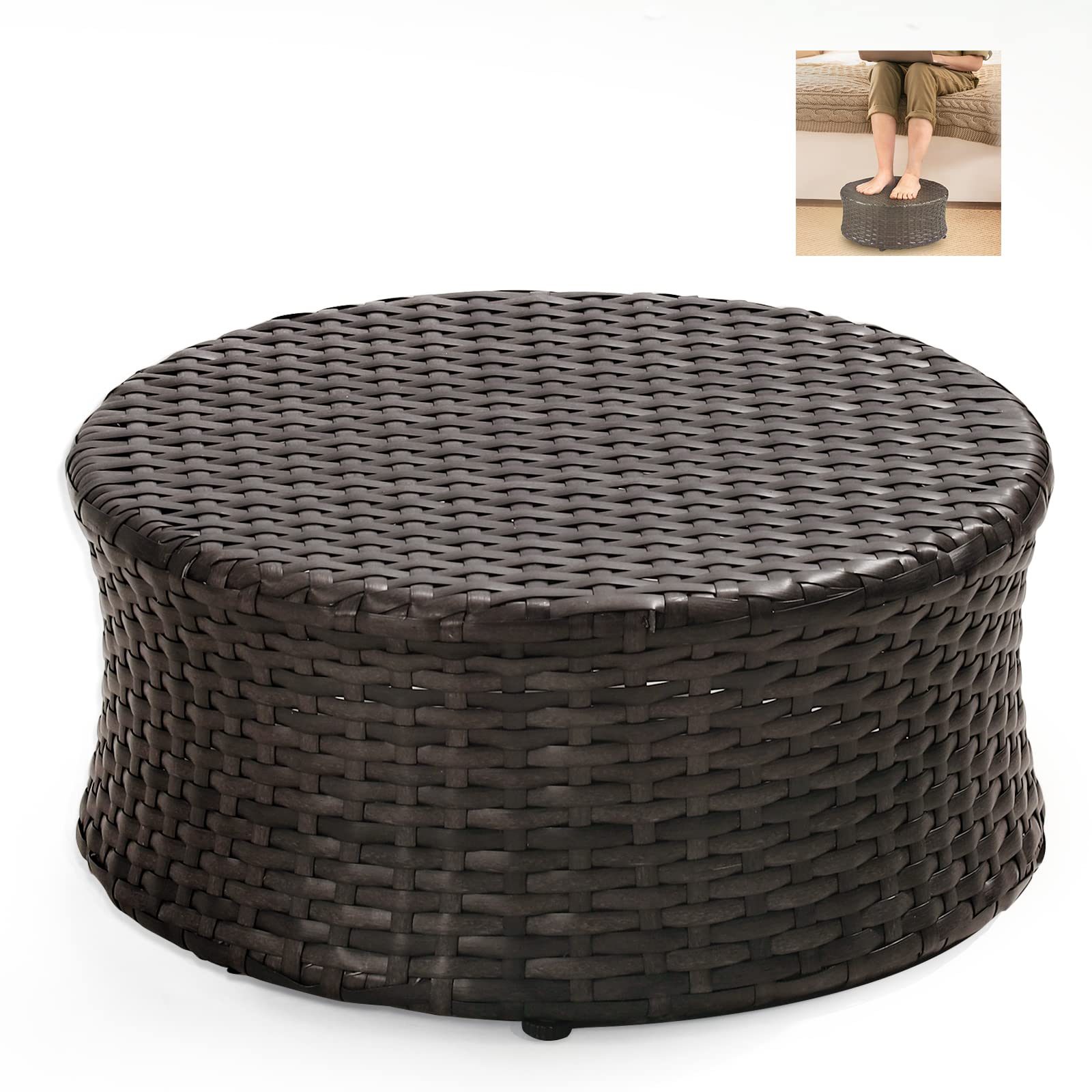 FRUITEAM Patio Ottoman Wide Wicker Footstools, Outdoor Small Rattan Table Weather-Resistant Resin Barrel Storage Basket Outdoor Indoor Use