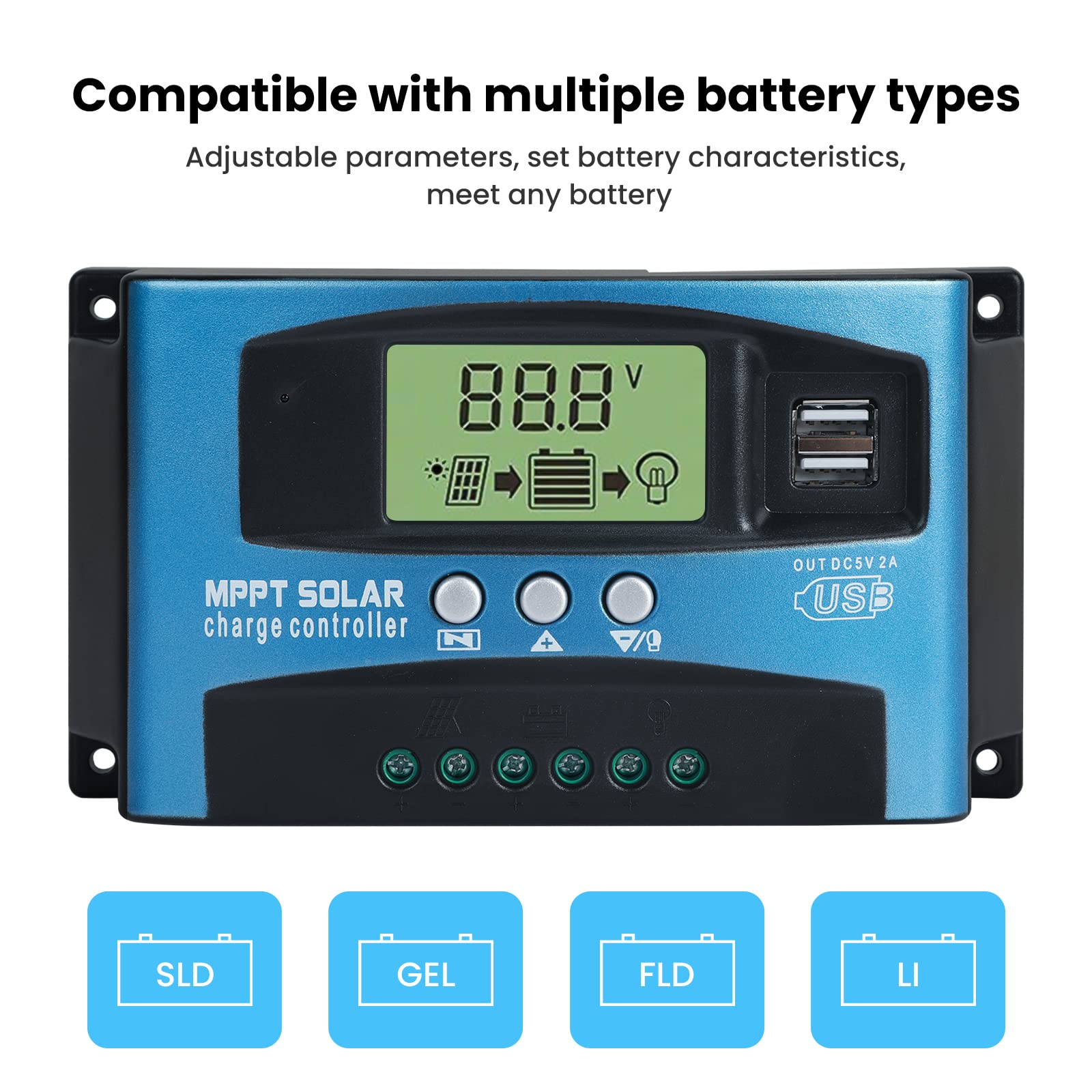 FellDen 50A MPPT Solar Charge Controller 12V/24V, Auto Focus Tracking Solar Panel Battery Regulator Dual USB Port Display Adjustable Parameter LCD Display Multiple Load Control Modes