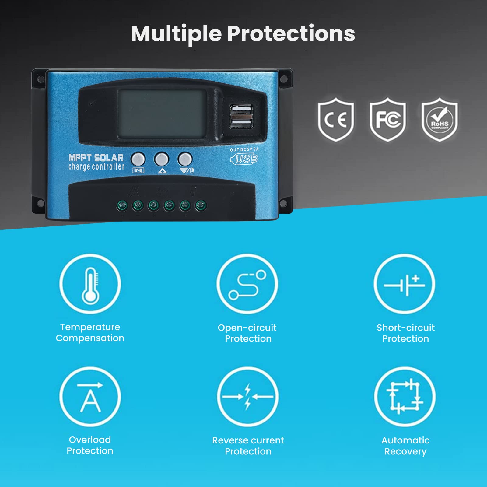 FellDen 50A MPPT Solar Charge Controller 12V/24V, Auto Focus Tracking Solar Panel Battery Regulator Dual USB Port Display Adjustable Parameter LCD Display Multiple Load Control Modes