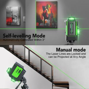 3D Laser Level, 3x360° Self Leveling Green Cross Line Laser for Construction and Picture Hanging with Rechargeable battery, Remote Controller, Magnetic Rotating Stand