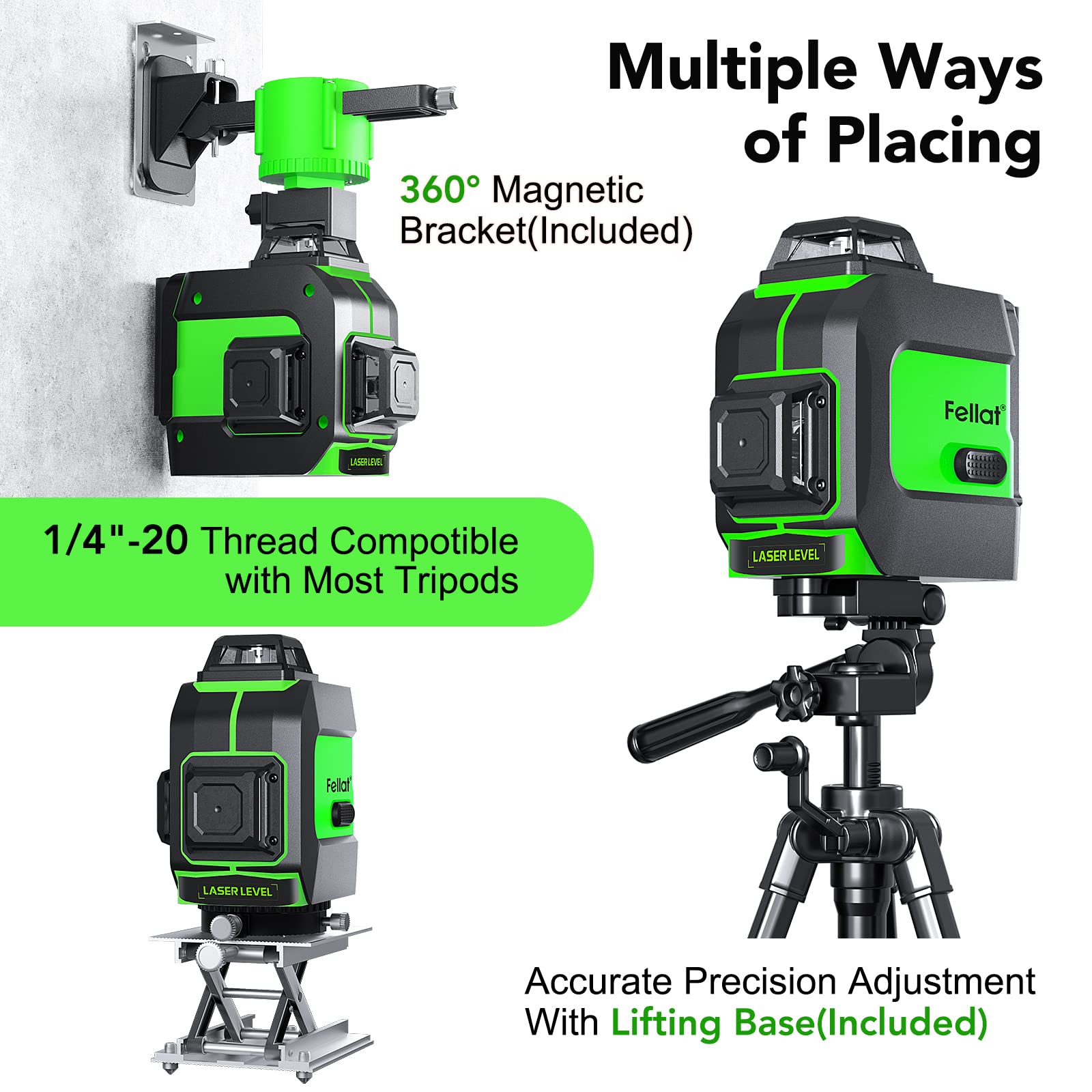 3D Laser Level, 3x360° Self Leveling Green Cross Line Laser for Construction and Picture Hanging with Rechargeable battery, Remote Controller, Magnetic Rotating Stand