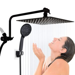 hygie rinse 10" high pressure rainfall shower head all metal 7-spray handheld showerhead combo with 11" adjustable shower extension arm, 71" extra long hose, adhesive shower head holder, matteblack