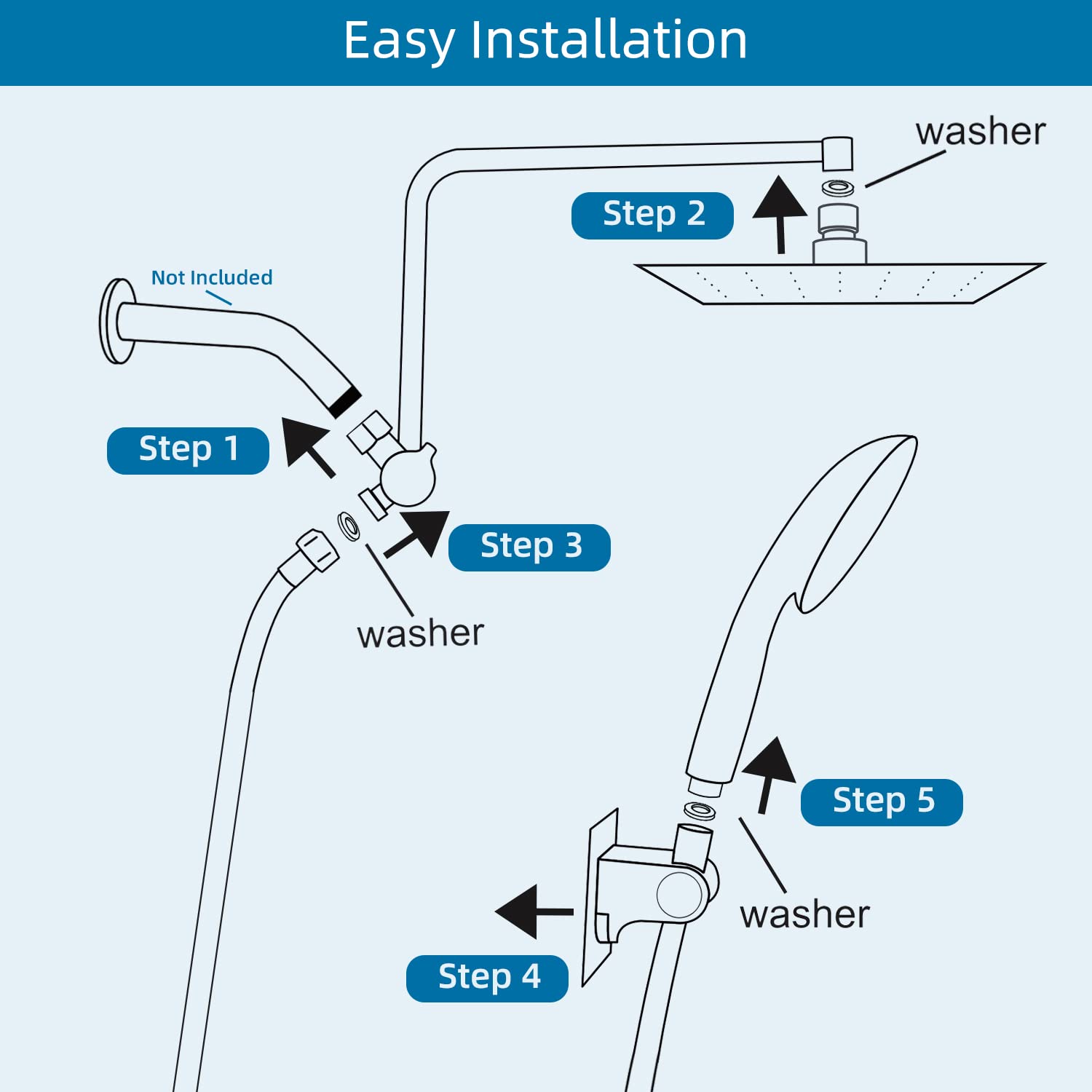 Hygie Rinse 10" High Pressure Rainfall Shower Head All Metal 7-Spray Handheld Showerhead Combo with 11" Adjustable Shower Extension Arm, 71" Extra Long Hose, Adhesive Shower Head Holder, Matteblack