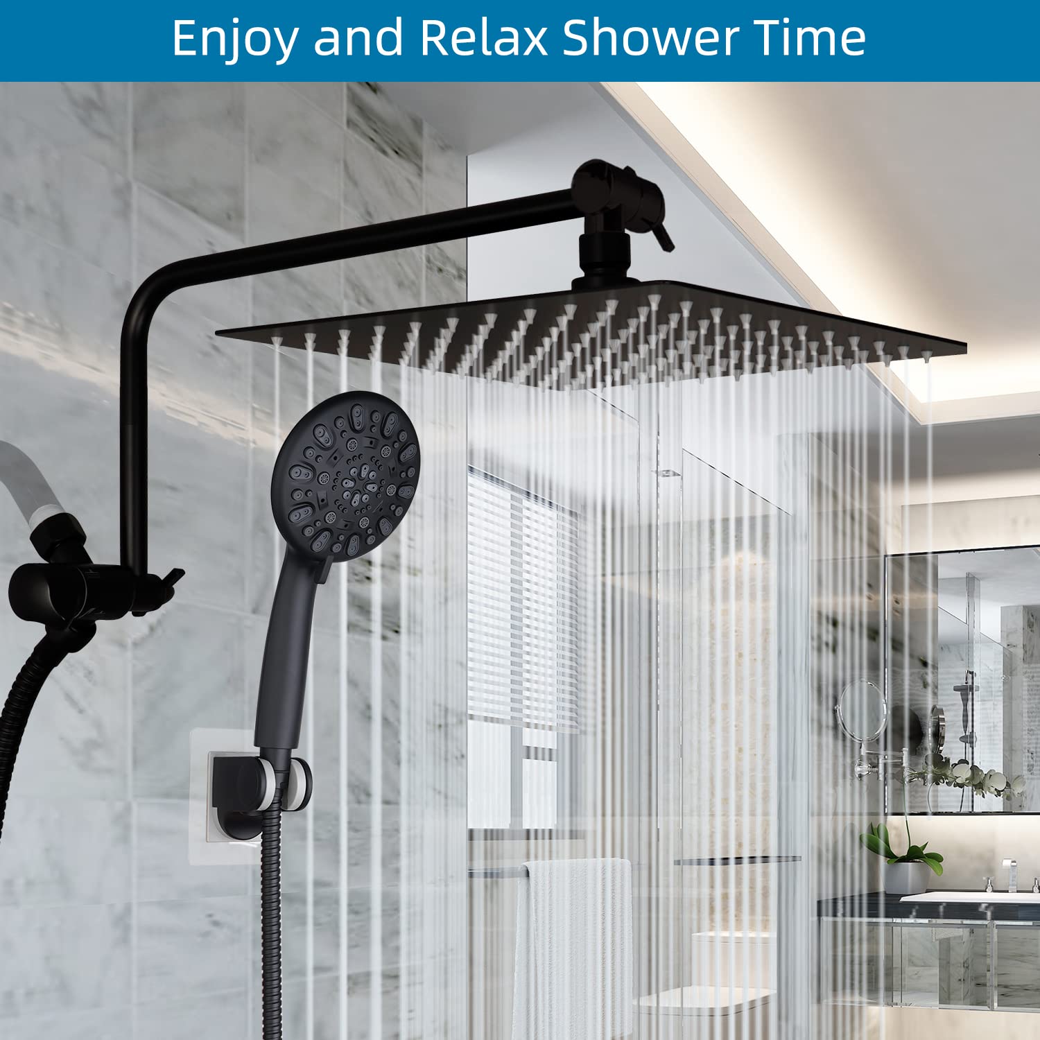 Hygie Rinse 10" High Pressure Rainfall Shower Head All Metal 7-Spray Handheld Showerhead Combo with 11" Adjustable Shower Extension Arm, 71" Extra Long Hose, Adhesive Shower Head Holder, Matteblack