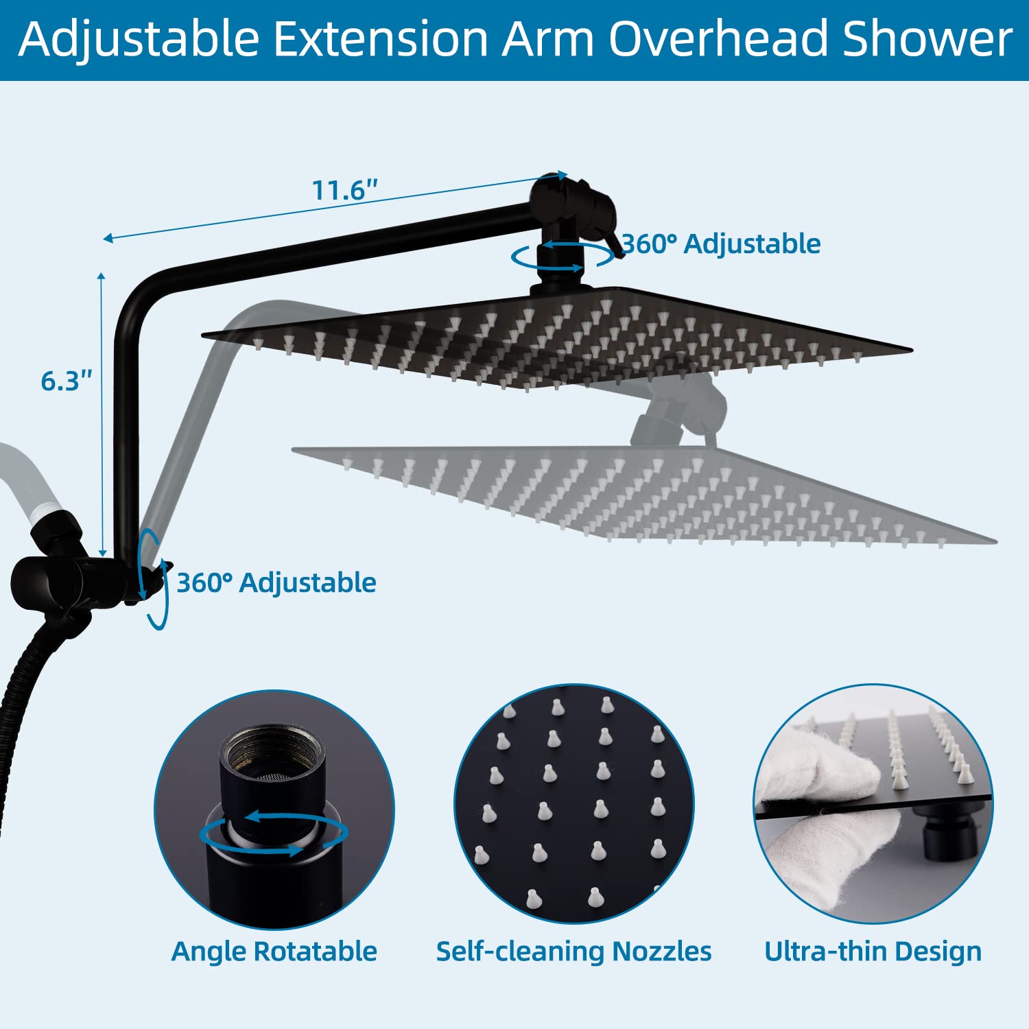 Hygie Rinse 10" High Pressure Rainfall Shower Head All Metal 7-Spray Handheld Showerhead Combo with 11" Adjustable Shower Extension Arm, 71" Extra Long Hose, Adhesive Shower Head Holder, Matteblack