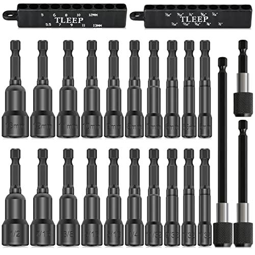 TLEEP 20 x Magnetic Nut Driver Set for Impact Drill + 3 x Power Drill Bit Extensions(50/100/150mm) + Storage Bag, 65MM Metric & SAE 1/4" Impact Driver Drill Bit Set, Cr-V Steel Screwdriver Socket Set