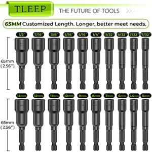 TLEEP 20 x Magnetic Nut Driver Set for Impact Drill + 3 x Power Drill Bit Extensions(50/100/150mm) + Storage Bag, 65MM Metric & SAE 1/4" Impact Driver Drill Bit Set, Cr-V Steel Screwdriver Socket Set