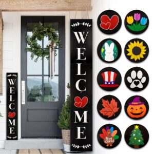 monjita welcome sign for front porch standing, interchangeable wooden sign with 5 designed double-sided icons for front door, all seasonal farmhouse rustic modern porch decor for fall harvest