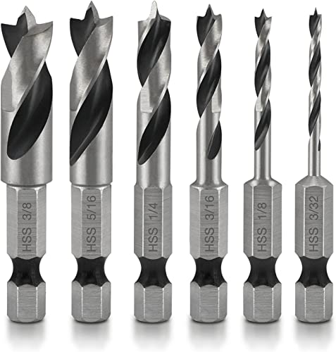 CORTOOL Brad Point Stubby Drill Bit Set for Wood, 6pcs HSS Drill Bit Set with 1/4-Inch Quick Change Hex Shank - 3/32”, 1/8”, 3/16”, 1/4”, 5/16” and 3/8” Inch Sizes Stubby Drill Bits for Wood