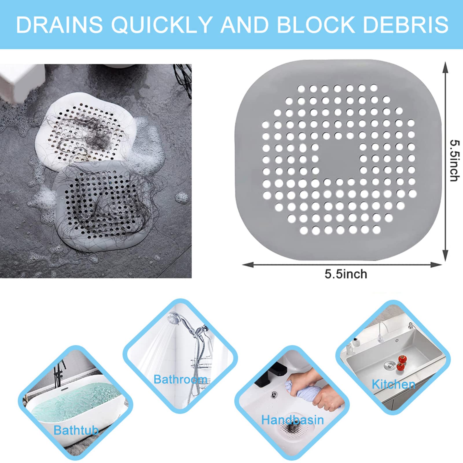 4 Pack Drain Hair Catcher Durable Silicone Hair Stopper Shower Drain Covers with Suction Cup, Shower Drain Hair Catcher Suitable for Bathroom Bathtub and Kitchen