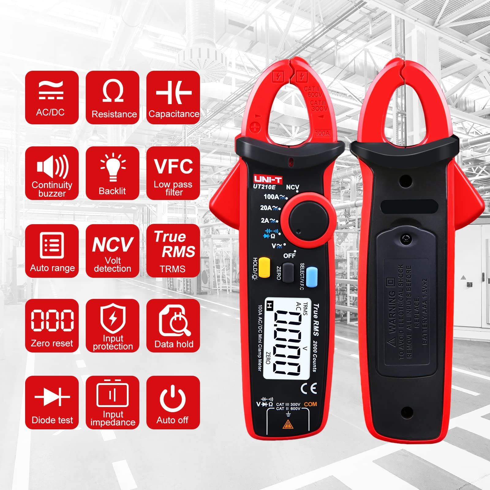 UNI-T UT210e Mini Clamp Meter & Alligator Electric Clips, AC/DC Amp Meter Clamp Multimeter True RMS 2000 Counts Voltage Tester Continuity Tester Capacitor HVAC Tool