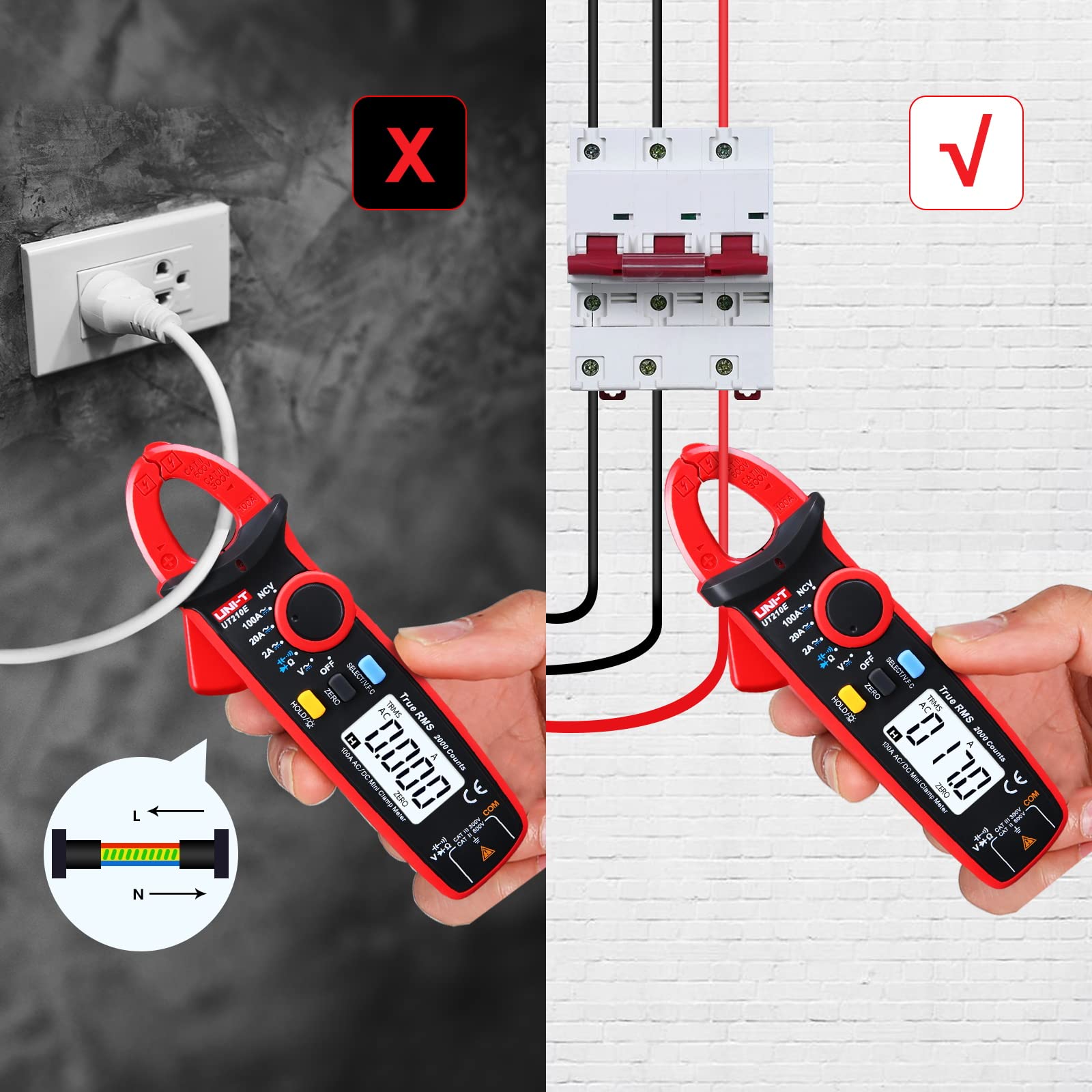 UNI-T UT210e Mini Clamp Meter & Alligator Electric Clips, AC/DC Amp Meter Clamp Multimeter True RMS 2000 Counts Voltage Tester Continuity Tester Capacitor HVAC Tool