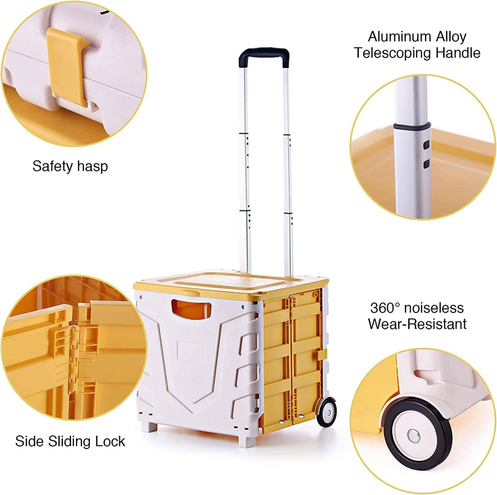 Foldable Utility Cart,Portable Folding Cart Tools Carrier with Telescopic Handle Heavy Duty Shopping Cart with 360degree Rolling Swivel Wheels for Travel Shopping Moving Luggage(Yellow),Yellow