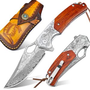 nedfoss damascus pocket knives for men, handmade forged vg10 damascus steel folding knife with leather sheath, sandalwood handle, pocket clip, cool knives gifts for men edc (pterosaur)