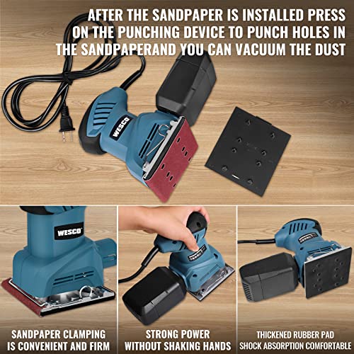 Palm Sander, WESCO 2.0 A Electric Sander Tool 1/4 Sheet Sanders for Woodworking,12,000 OPM Corded Finishing Sander Machine with Dust Collector, Punch Plate,Vacuum Adapter, Quick Locking System