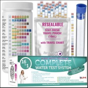 16in1 premium drinking water test strips system | 110 strips | home water well tap quality test for copper, lead, chlorine, hardness, fluoride, ph, iron & more w travel bag - nurse hatty 110ct.