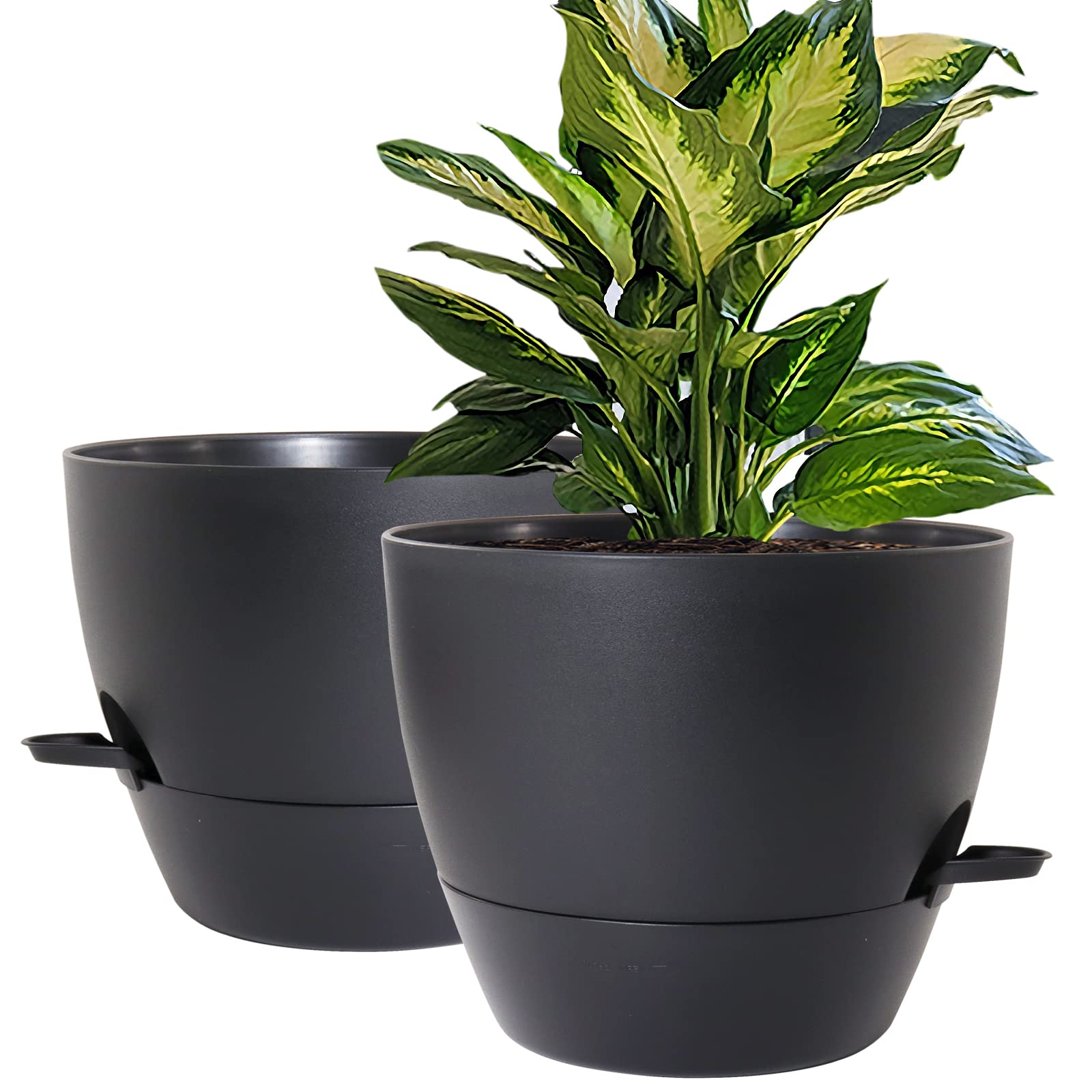 WOUSIWER 10 inch Self Watering Planters, 2 Pack Large Plastic Plant Pots with Deep Reservior and High Drainage Holes for Indoor Outdoor Plants and Flowers, Black