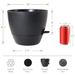 WOUSIWER 10 inch Self Watering Planters, 2 Pack Large Plastic Plant Pots with Deep Reservior and High Drainage Holes for Indoor Outdoor Plants and Flowers, Black