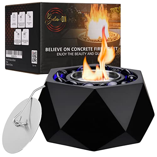 Believe ON Table Top Firepit, Portable Indoor Small Fire Pit, Concrete Fireplace for Home Decor, Patio & Outdoor, with Extinguisher and Fire Glasses (Black)