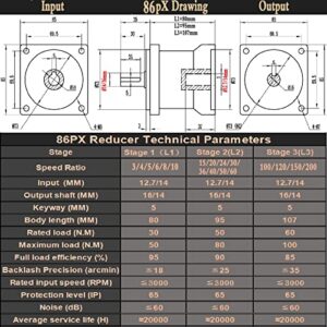 WYanHua-Electric Gearbox Nema34 CNC Kits Stepper Motor Reducer, Nema 34 Planetary Gear 86mm Step-Down Gearbox, Speed Ratio 3:1,5:1,10:1~216 Input 12.7/14mm Durable