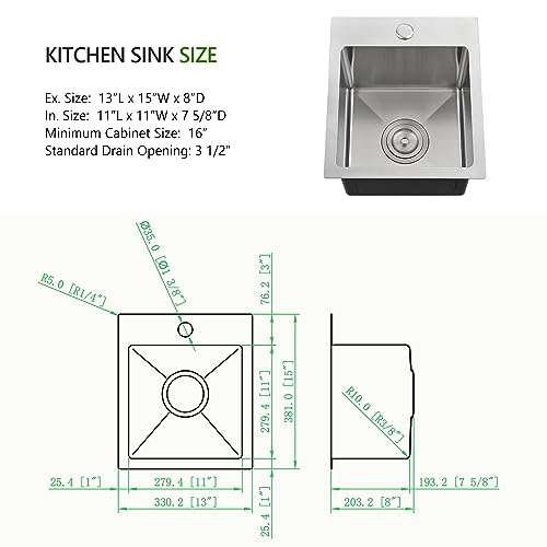 13x15 Stainless Steel Drop in Small Bar Sink, Swift Horse 13 Inch 16Guage Stainless Steel Topmount Small Bar Sinks Outdoor Sink Rv Sinks Small Prep Bar Sink