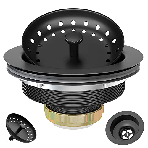 EXAKEY Black Sink Drain 3-1/2 Inch Matte Black Kitchen Sink Drain Strainer Assembly Kit with Strainer Basket and Drain Stopper for Standard Kitchen Sink Stainless Steel