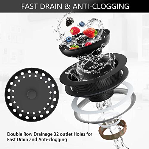 EXAKEY Black Sink Drain 3-1/2 Inch Matte Black Kitchen Sink Drain Strainer Assembly Kit with Strainer Basket and Drain Stopper for Standard Kitchen Sink Stainless Steel