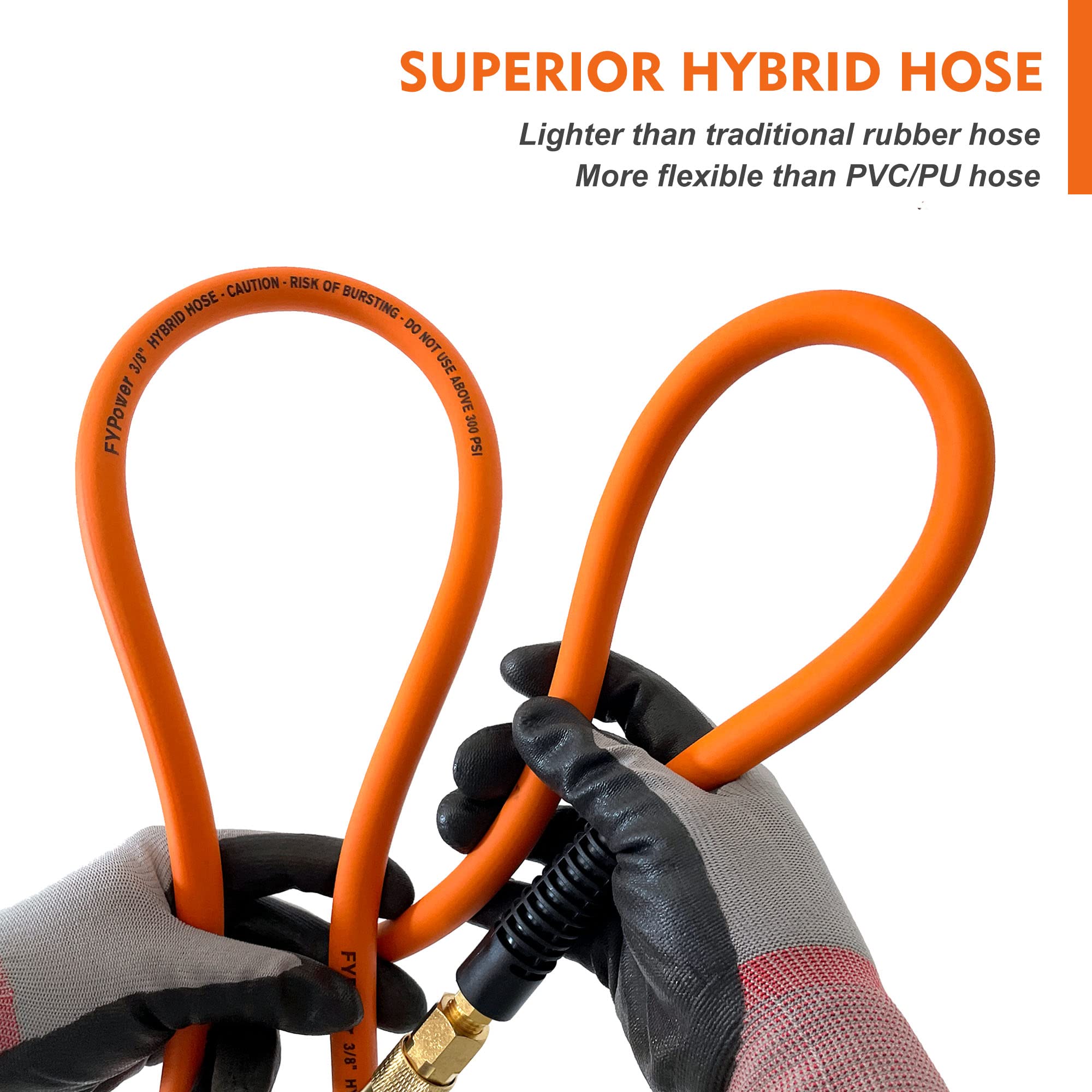 FYPower Air Compressor Whip Hose 3/8 Inch x 10 Feet Lead in Hybrid Hose with Fittings, Flexible and Kink Resistant, 1/4" Industrial Quick Coupler and Plug Kit