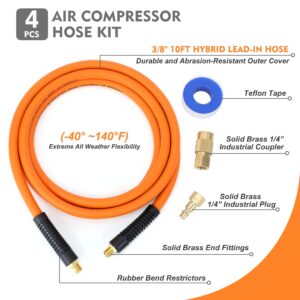 FYPower Air Compressor Whip Hose 3/8 Inch x 10 Feet Lead in Hybrid Hose with Fittings, Flexible and Kink Resistant, 1/4" Industrial Quick Coupler and Plug Kit