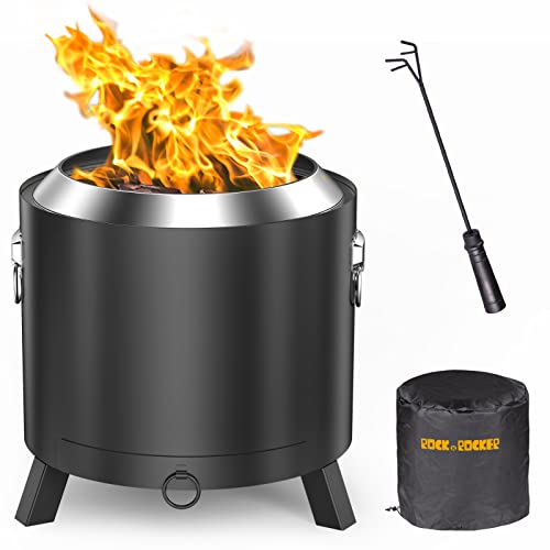 Rock&Rocker Smokeless Fire Pit, 304 Stainless Steel, 18.5 Inch Outdoor Bonfire Firepit, Fire Pits for Outside, with Removable Ash Pan, Portable Handle & Waterproof Cover, for Backyard Party, BBQ