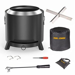 Rock&Rocker Smokeless Fire Pit, 304 Stainless Steel, 18.5 Inch Outdoor Bonfire Firepit, Fire Pits for Outside, with Removable Ash Pan, Portable Handle & Waterproof Cover, for Backyard Party, BBQ