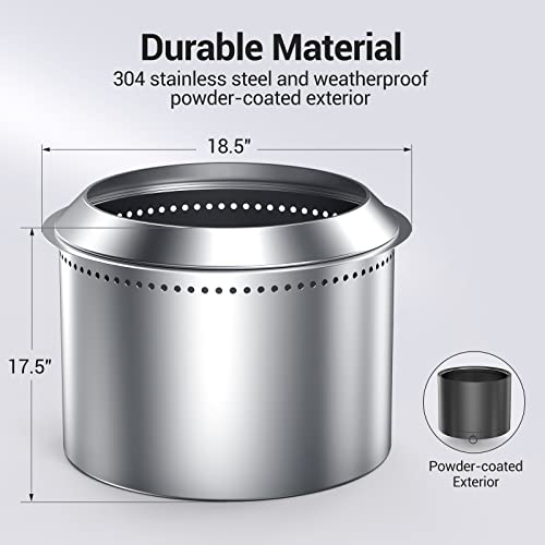 Rock&Rocker Smokeless Fire Pit, 304 Stainless Steel, 18.5 Inch Outdoor Bonfire Firepit, Fire Pits for Outside, with Removable Ash Pan, Portable Handle & Waterproof Cover, for Backyard Party, BBQ