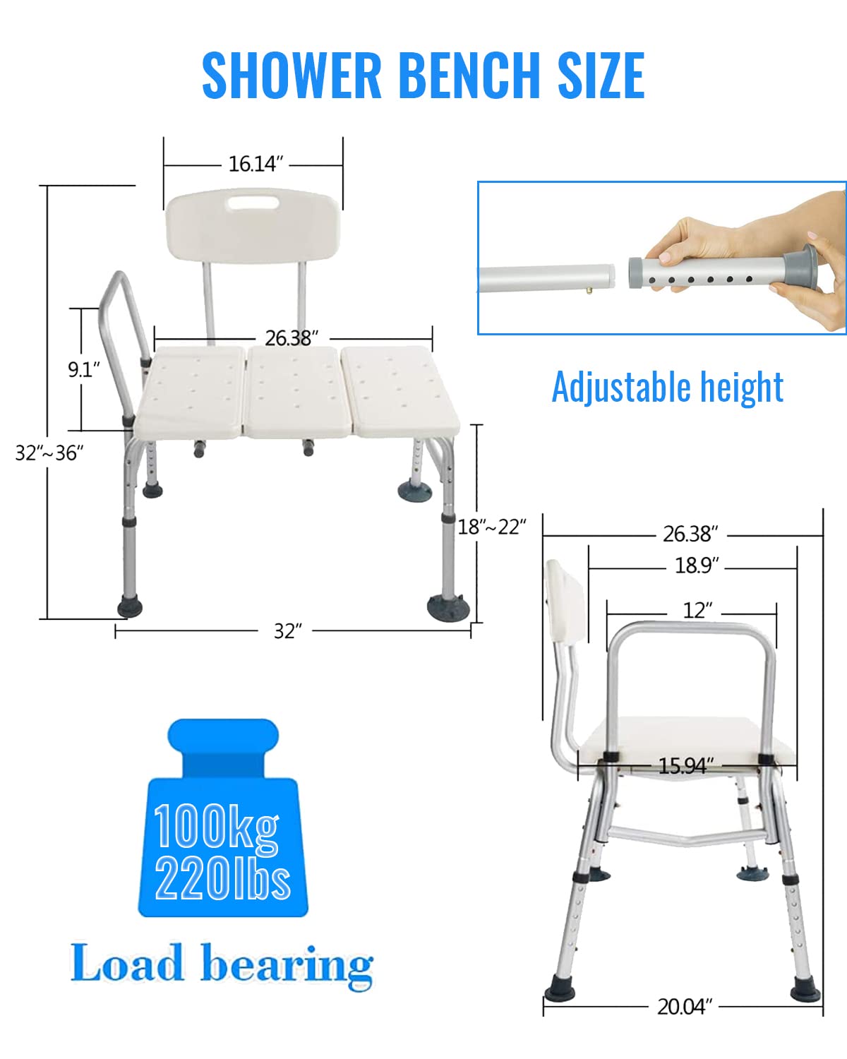 Non Slip Tub Transfer Bench for Bathtub, Shower Transfer Bench for Elderly and Disabled, Adjustable Shower Transfer Bench for Bathtub with Reversible Back, Transfer Tub Bench Bathroom Aid