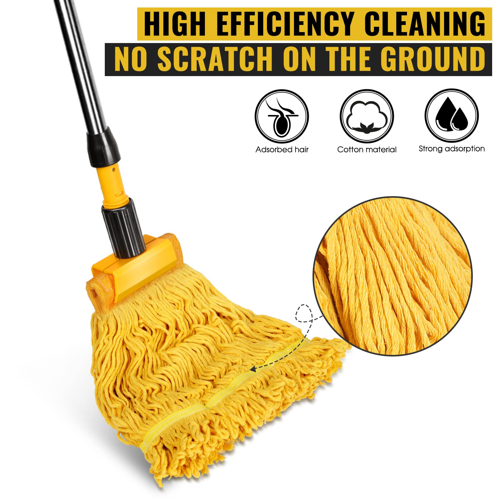 Almcmy Commercial Mop, Looped-End String Wet Mop with 2 Mop Head Replacement, Heavy Duty Mop Floor Mop with 55" Stainless Steel Handle & Jaw Clamp, Industrial Dust for Floor Cleaning