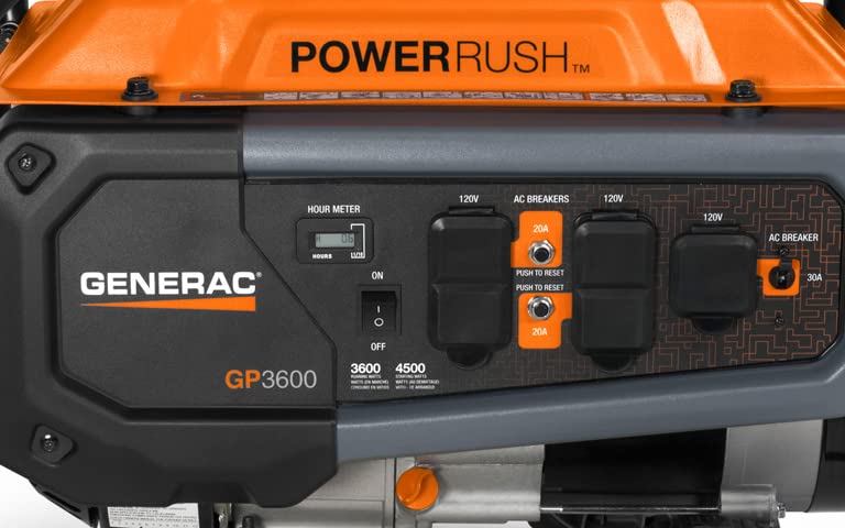 Generac 7678 GP3600 3,600-Watt Gas-Powered Portable Generator - Powerrush Advanced Technology - Durable Design and Reliable Power for Emergencies and Recreation - CARB Compliant