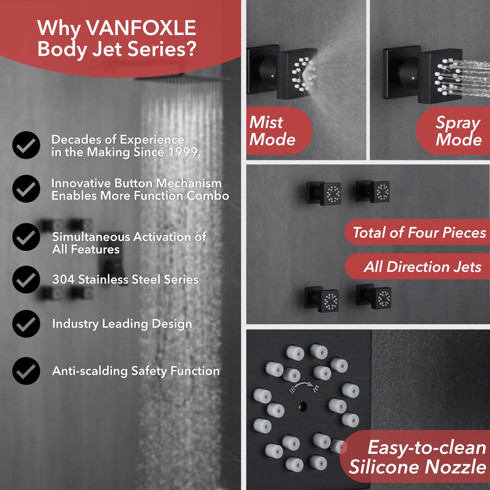 VANFOXLE Shower Faucets Sets Complete Matte Black Shower System,Push Button Diverter Shower Faucet with 2 in 1 Handheld,10 Inch Shower Head with 4 PCS Dual Modes Body Jets（2 Inch)