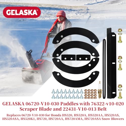 GELASKA HS520 Paddles 06720-V10-030 Auger Rubber with 76322-V10-020 Scraper Blade 22431-V10-013 Belt and Hardware kit for Honda HS520, HS520A, HS520K1, HS720,HS720AA, HS720AMA, HS720ASA Snowblowers