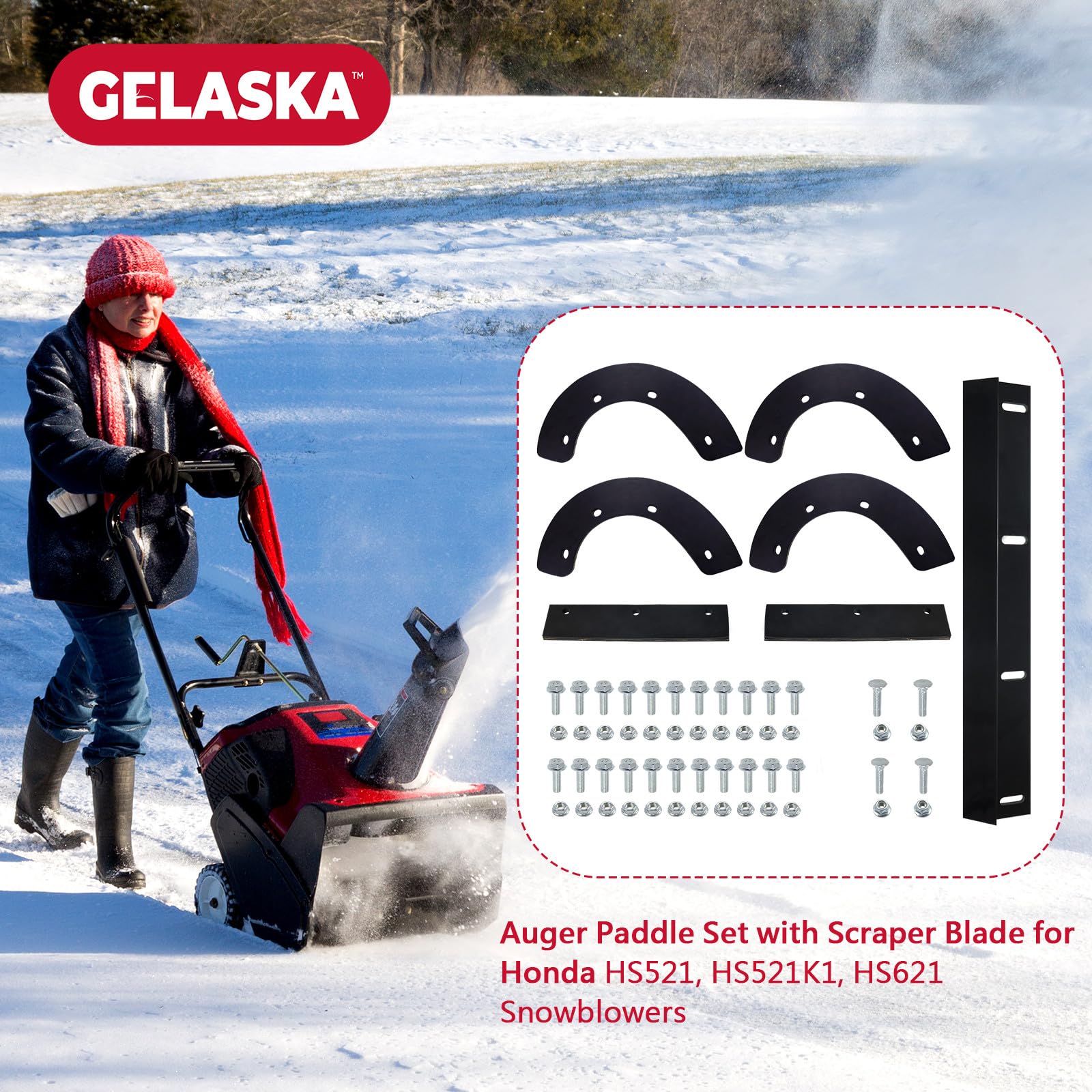 GELASKA HS521 Auger Rubber Replaces 72523-747-010, 72523-747-000, 72522-747-010, 72522-747-000, 72521-747-000 with 76322-747-000, 76322-747-A10 Scraper Blade for Honda HS521, HS521K1, HS621 Snowblower