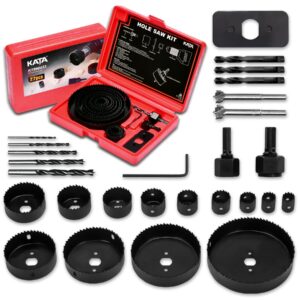 kata hole saw set, 27pcs hole saw kit with 13pcs saw blades gifts for men, 3/4" to 5" (19mm-127mm) hole saw, mandrels, hex key and drill bits in storage case, ideal for soft wood, pvc board