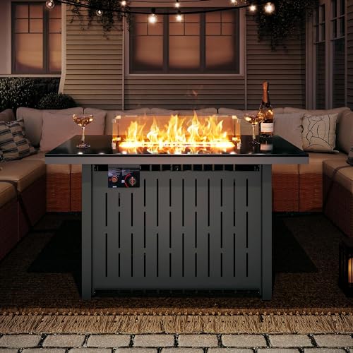 LAUSAINT HOME 43" Outdoor Fire Pit Table, 50,000 BTU Auto-Ignition Propane Gas Firepits with Glass Wind Guard, Fire Glass and Lid for Outside Patio