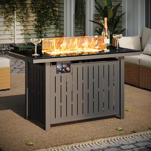 LAUSAINT HOME 43" Outdoor Fire Pit Table, 50,000 BTU Auto-Ignition Propane Gas Firepits with Glass Wind Guard, Fire Glass and Lid for Outside Patio